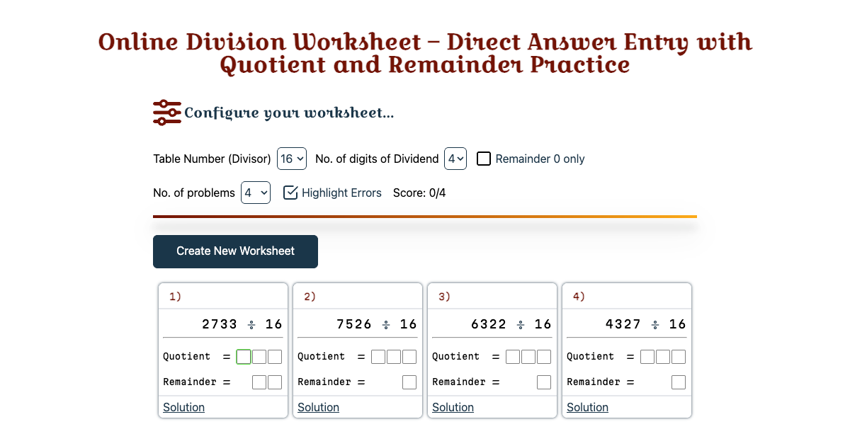 Direct Answer Entry Division problems with Quotient and Remainder