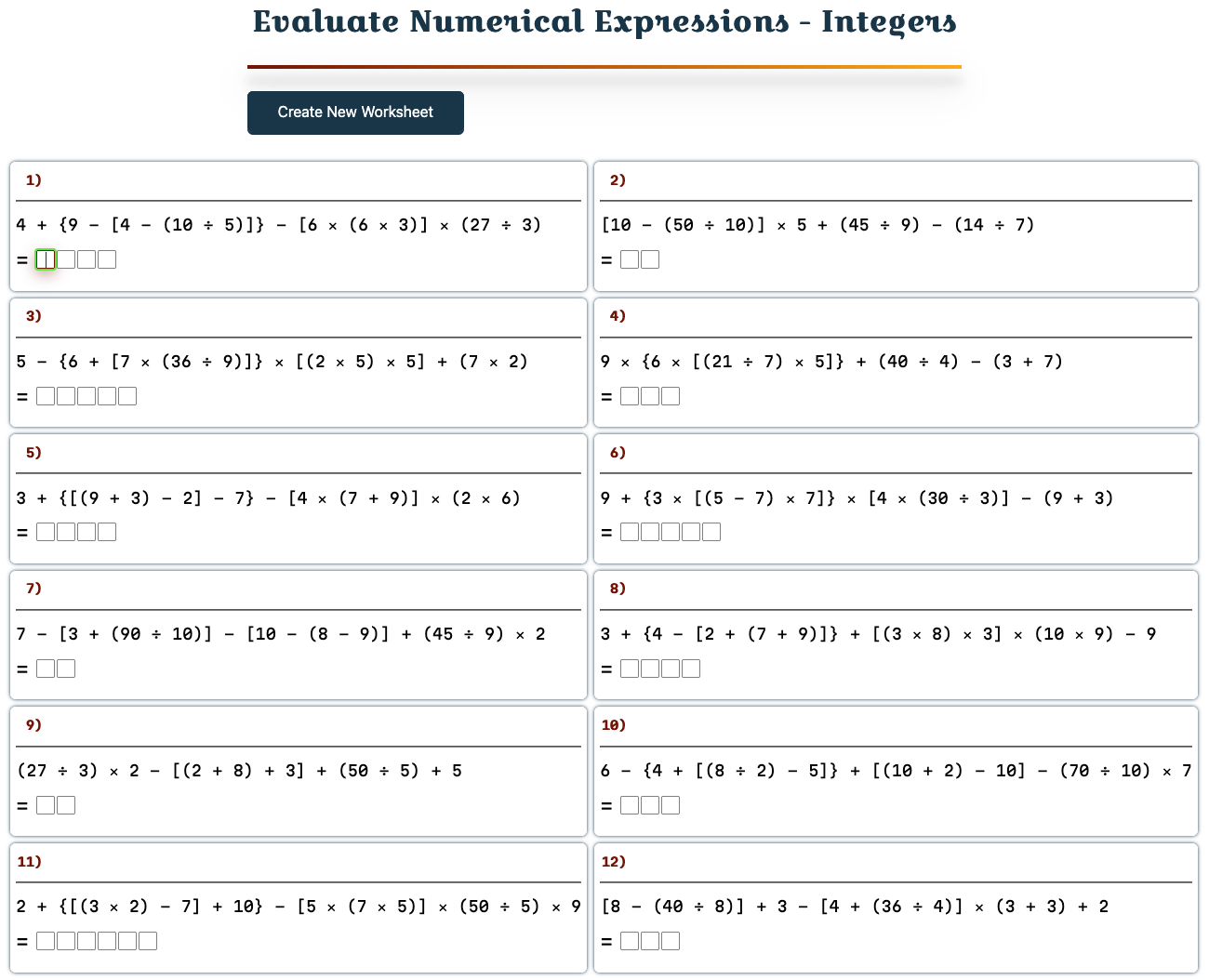 Evaluate Numerical Expressions - Integers Evaluate Numerical Expressions - Integers