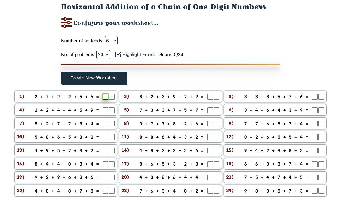 Horizontal Addition of a Chain of One-Digit Numbers