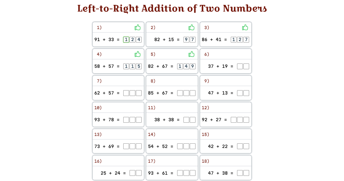 Left-to-Right Addition of Two Numbers | Interactive Quick Addition ...