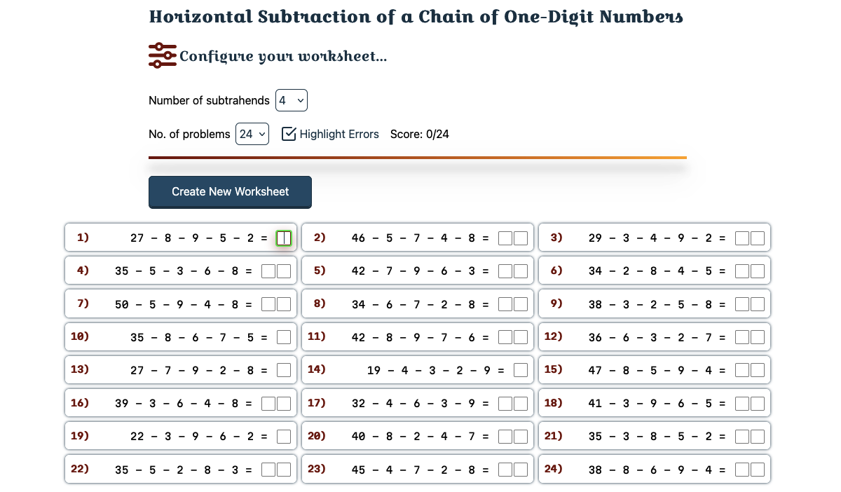 Horizontal Subtraction of a Chain of One-Digit Numbers