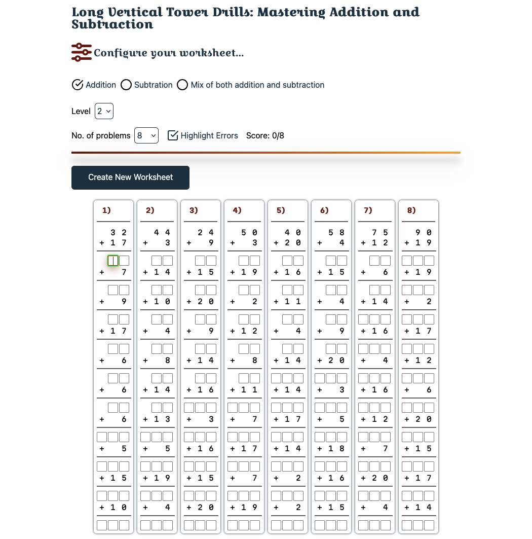 Long Vertical Tower Drills: Mastering Addition and Subtraction