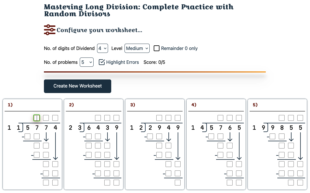 Mastering Long Division: Complete Practice with Random Divisors