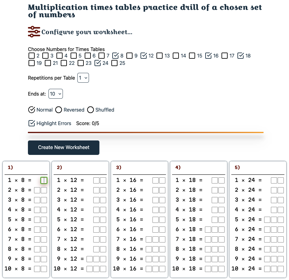 Multiplication times tables practice drill of a chosen set of numbers