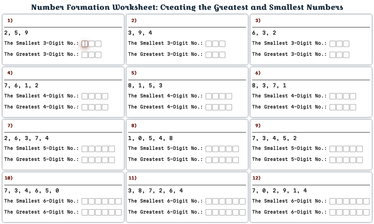 Number Formation Worksheet Creating The Greatest And Smallest Numbers
