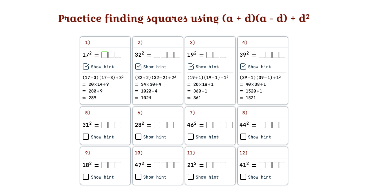 Practice Finding Squares Using (a + d)(a - d) + d²