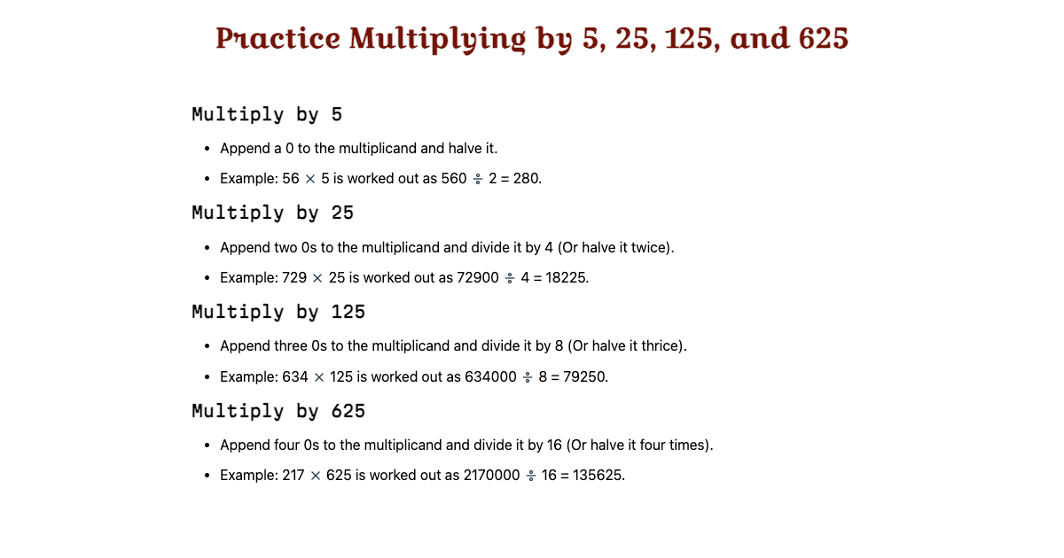 Practice Multiplying by 5, 25, 125, and 625