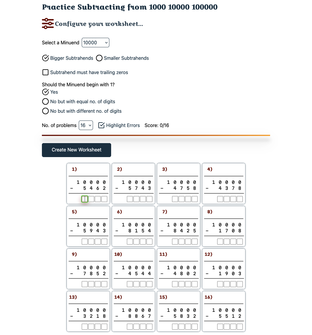 Practice Subtracting from 1000 10000 100000