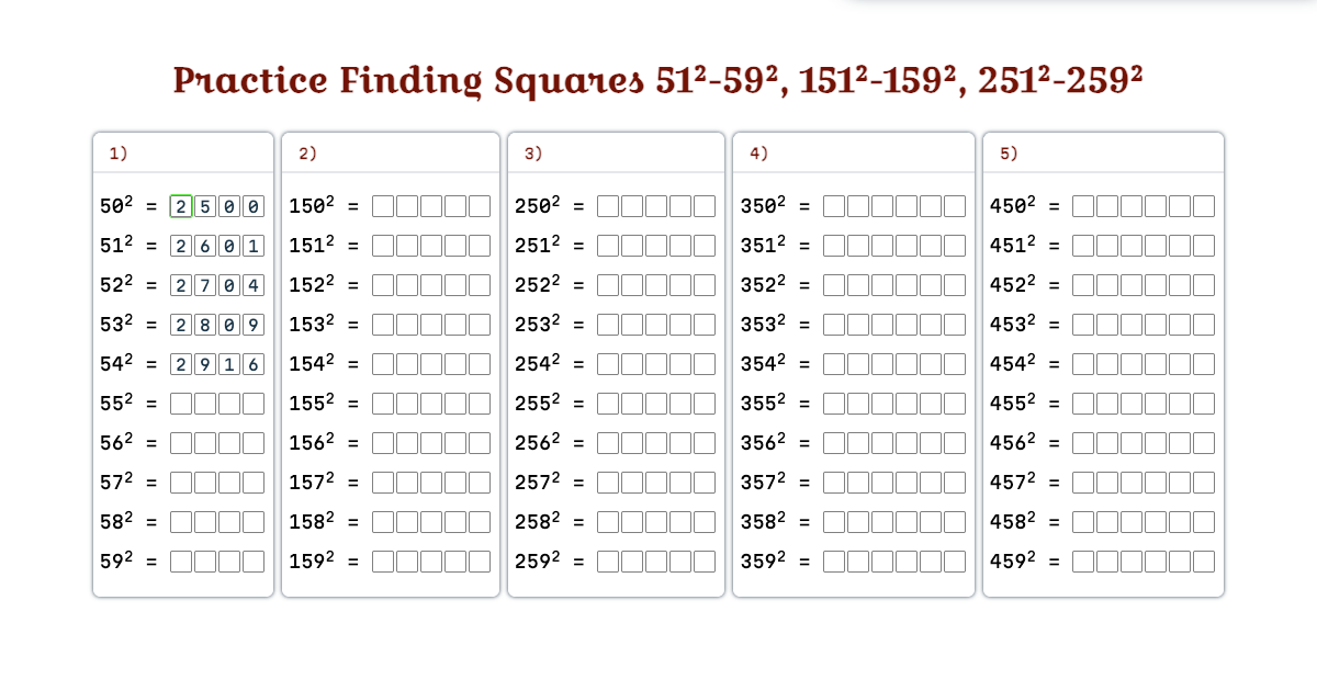 Practice Finding Squares: 51²–59², 151²–159², and 251²–259² ...