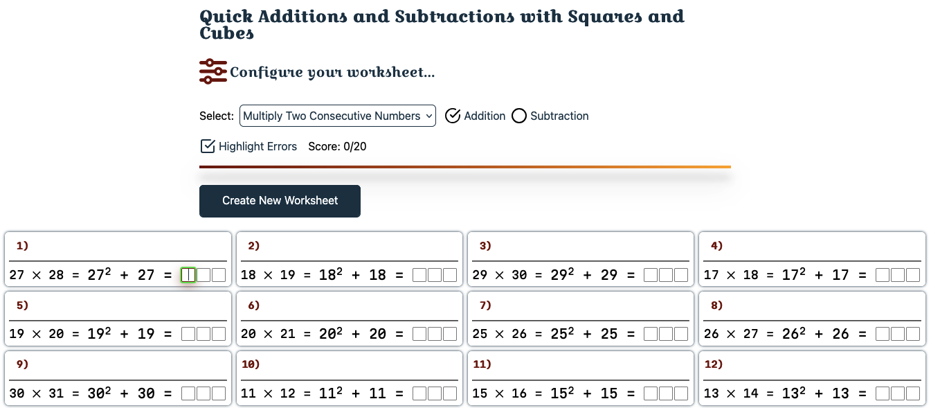 Quick Additions and Subtractions with Squares and Cubes