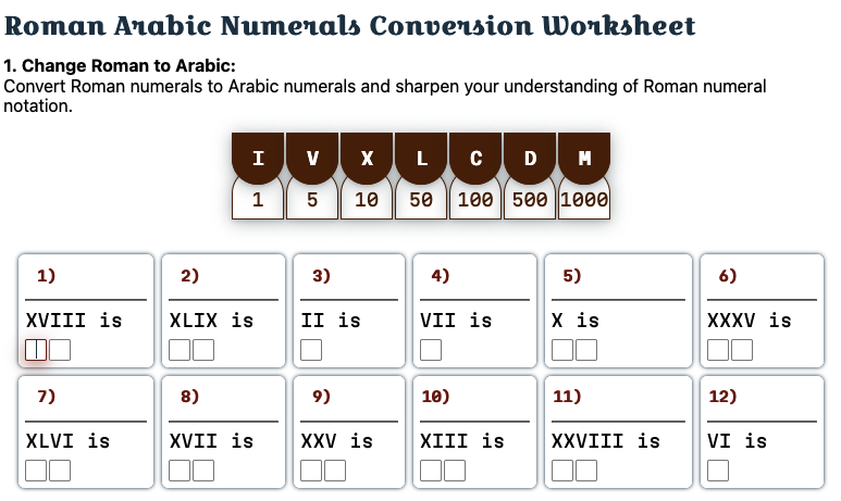 Roman Arabic Numerals Conversion Worksheet