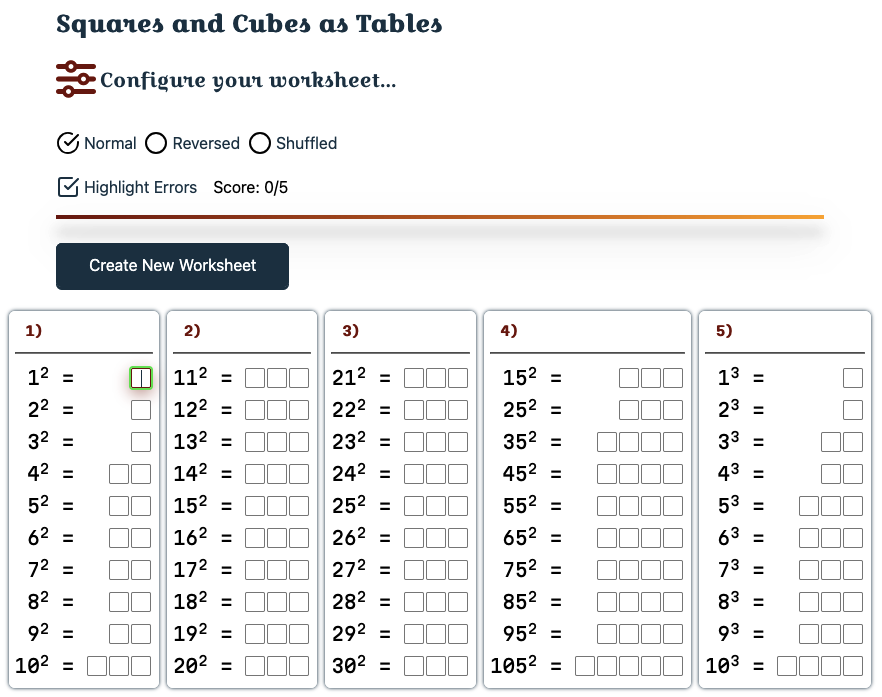 Squares and Cubes as Tables