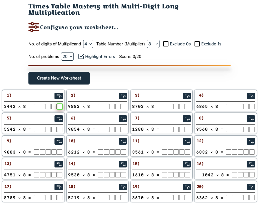 Times Table Mastery with Multi-Digit Long Multiplication