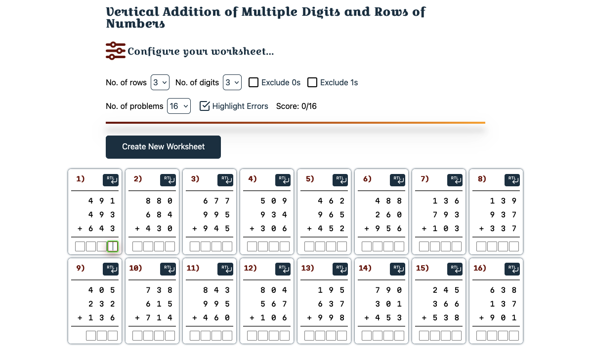 Vertical Addition of Multiple Digits and Rows of Numbers Vertical Addition of Multiple Digits and Rows of Numbers