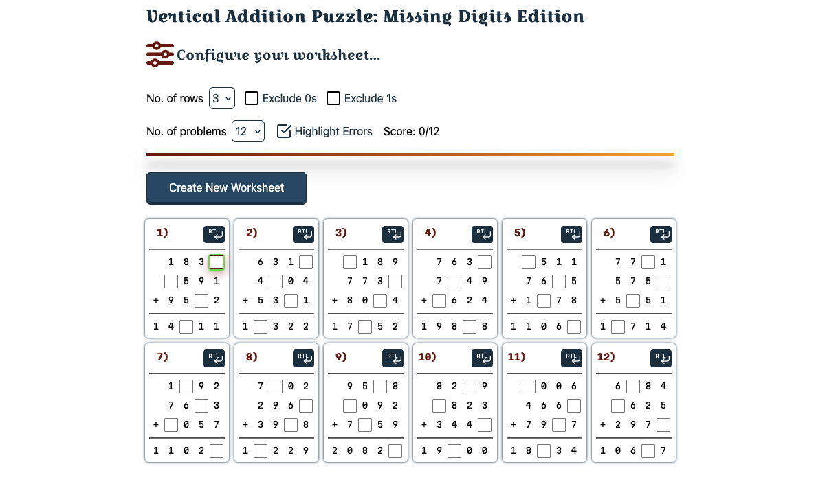 Vertical Addition Puzzle: Missing Digits Edition